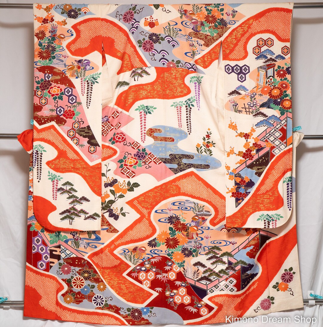White & Orange Silk Furisode Mandarin Ducks Haze Pine Trees - Etsy