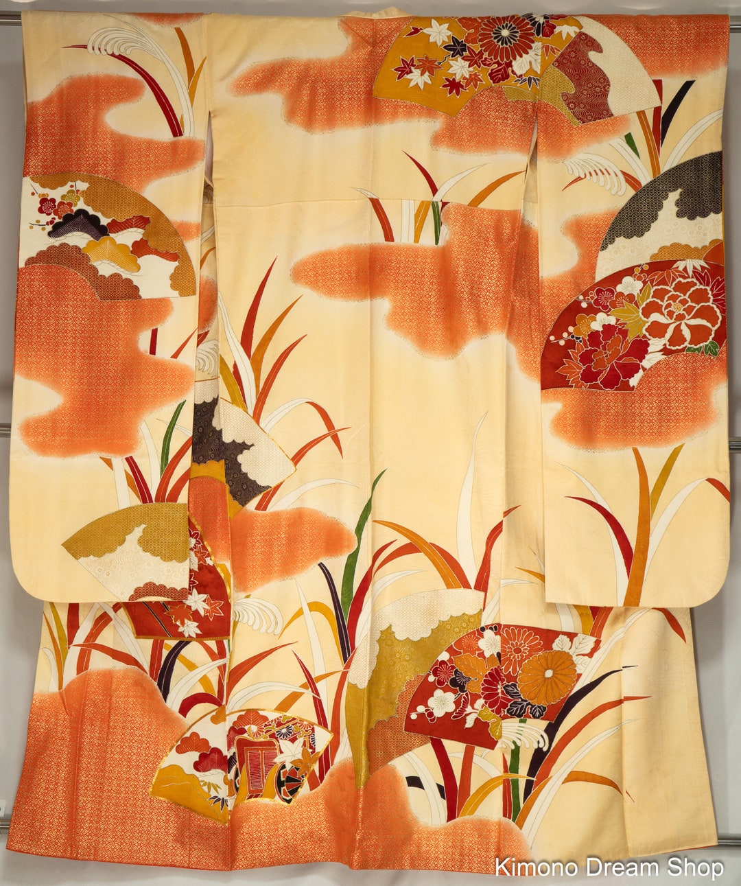 Clouds & Folding Fans Autumn Furisode Vintage Rinzu Silk 1980s Long ...