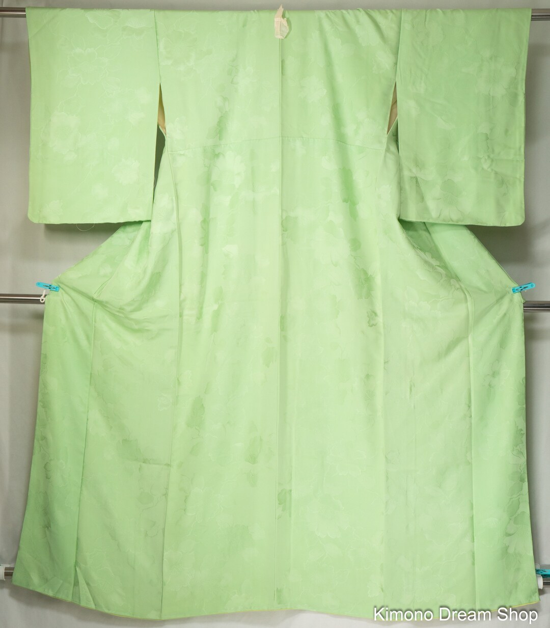 Light Green Iromuji Kimono With Woven Peonies - Vintage Rinzu Silk ...