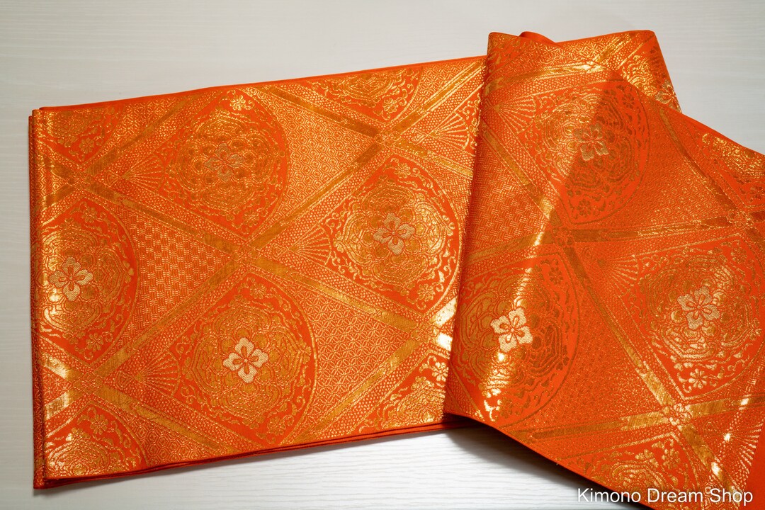 Vintage Fukuro Obi Shiny Orange & Gold Women's Kimono Belt Folding Fans ...