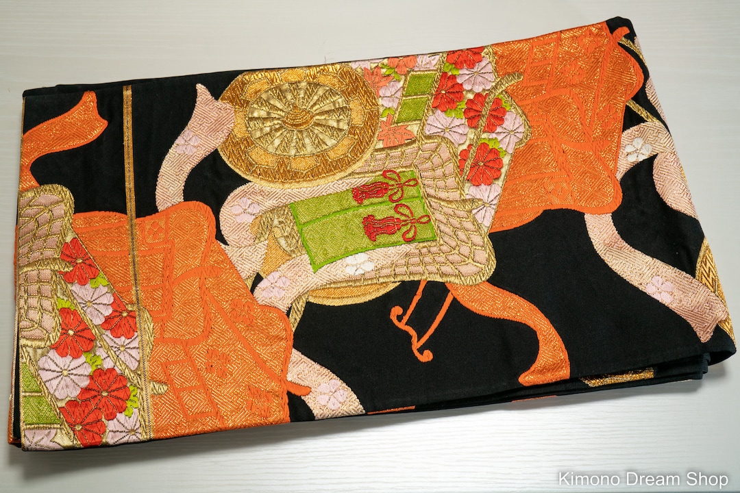 Black & Orange Goshoguruma Fukuro Obi - Vintage Silk Formal Kimono Belt ...