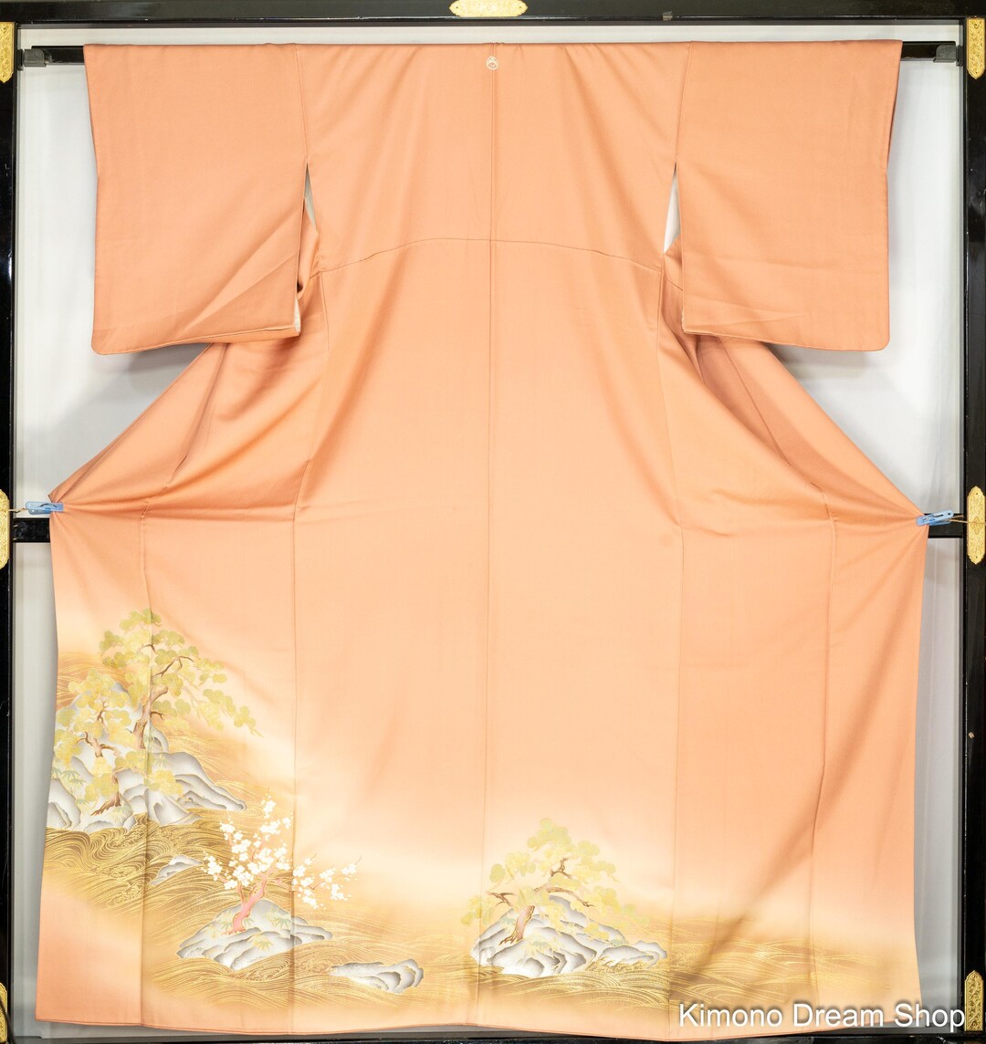 Vintage Peach Irotomesode With Hand Painted Pine Trees on Rocks Next to ...