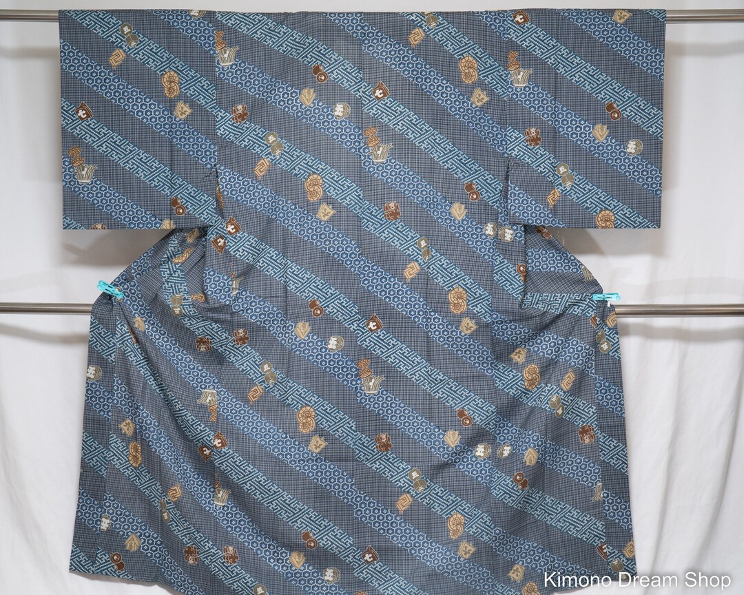 Vintage Blue Men's Juban Various Patterns Vintage Kimono Underwear Wool ...