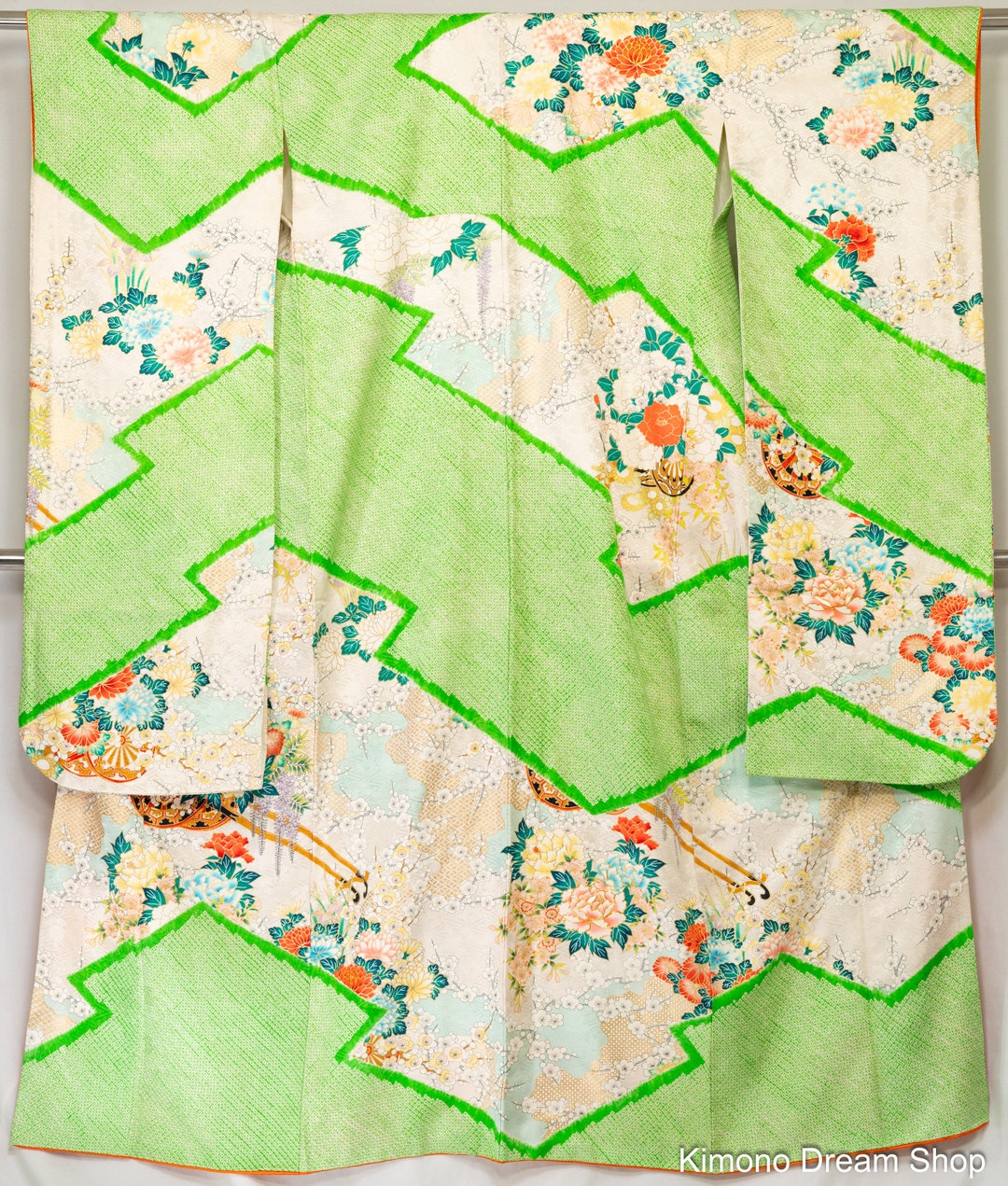 Green & White Shibori Furisode With Plum Blossoms Peonies Hanaguruma ...