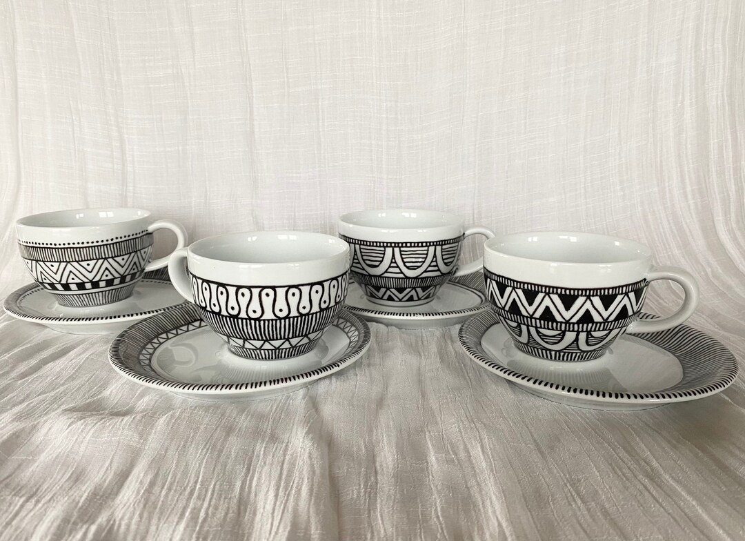 Set of 4 Hand Painted Ceramic Cups Porcelain Coffee Tea Cup Black and ...