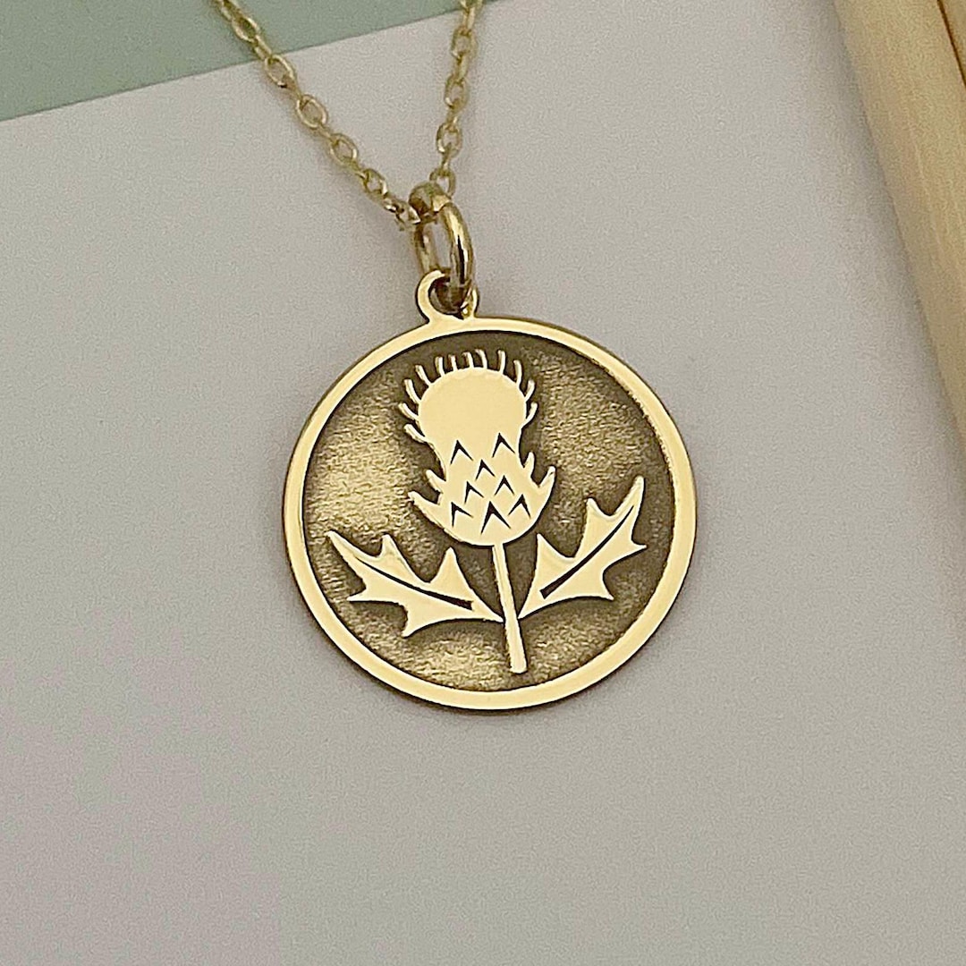 14k Solid Gold Thistle Necklace, Personalized Thistle Pendant, Scottish ...