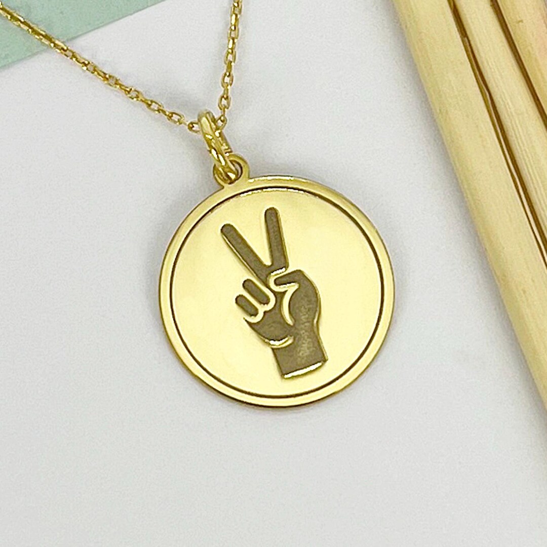 14k Gold Peace Hand Sign Necklace, Personalized Victory Hand Sign ...