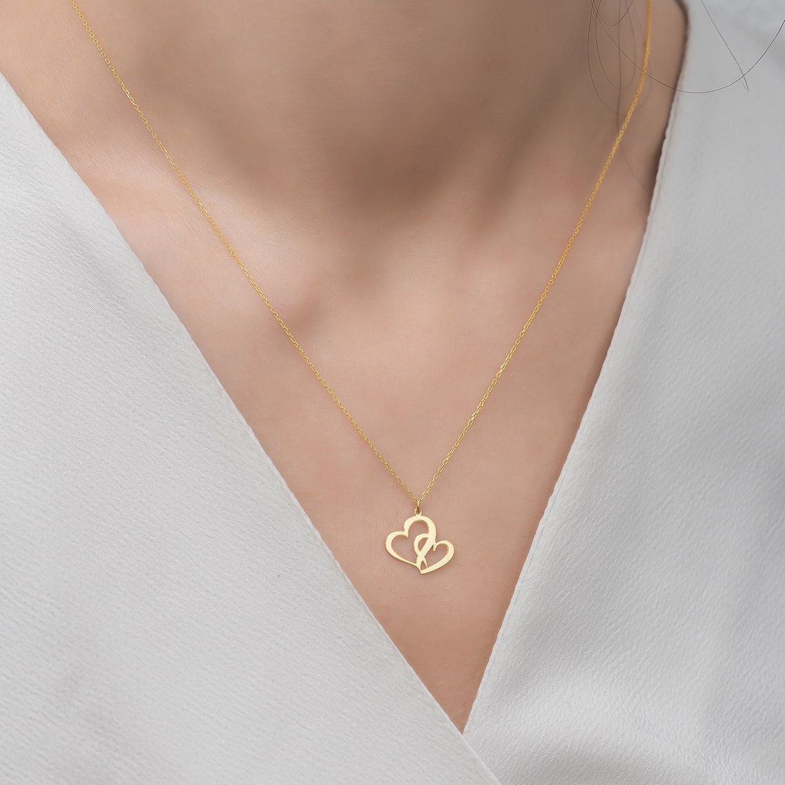 14K Gold Double Heart Necklace 925 Silver Double Heart - Etsy