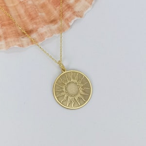 14k Solid Gold Sun Necklace: Engraved Sunburst Pendant, Custom ...