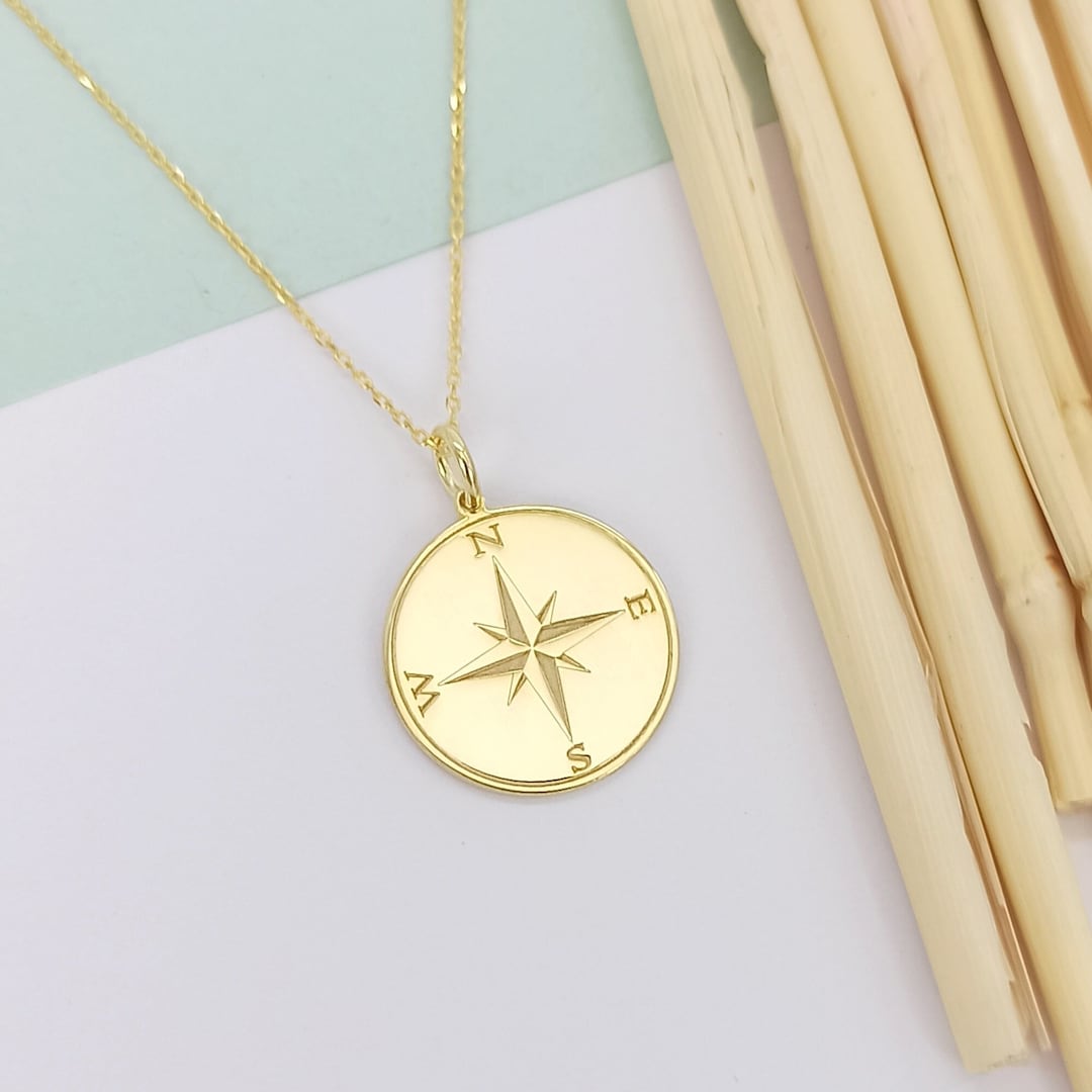 14K Solid Gold Compass Necklace, Personalized Compass Pendant, Compass ...