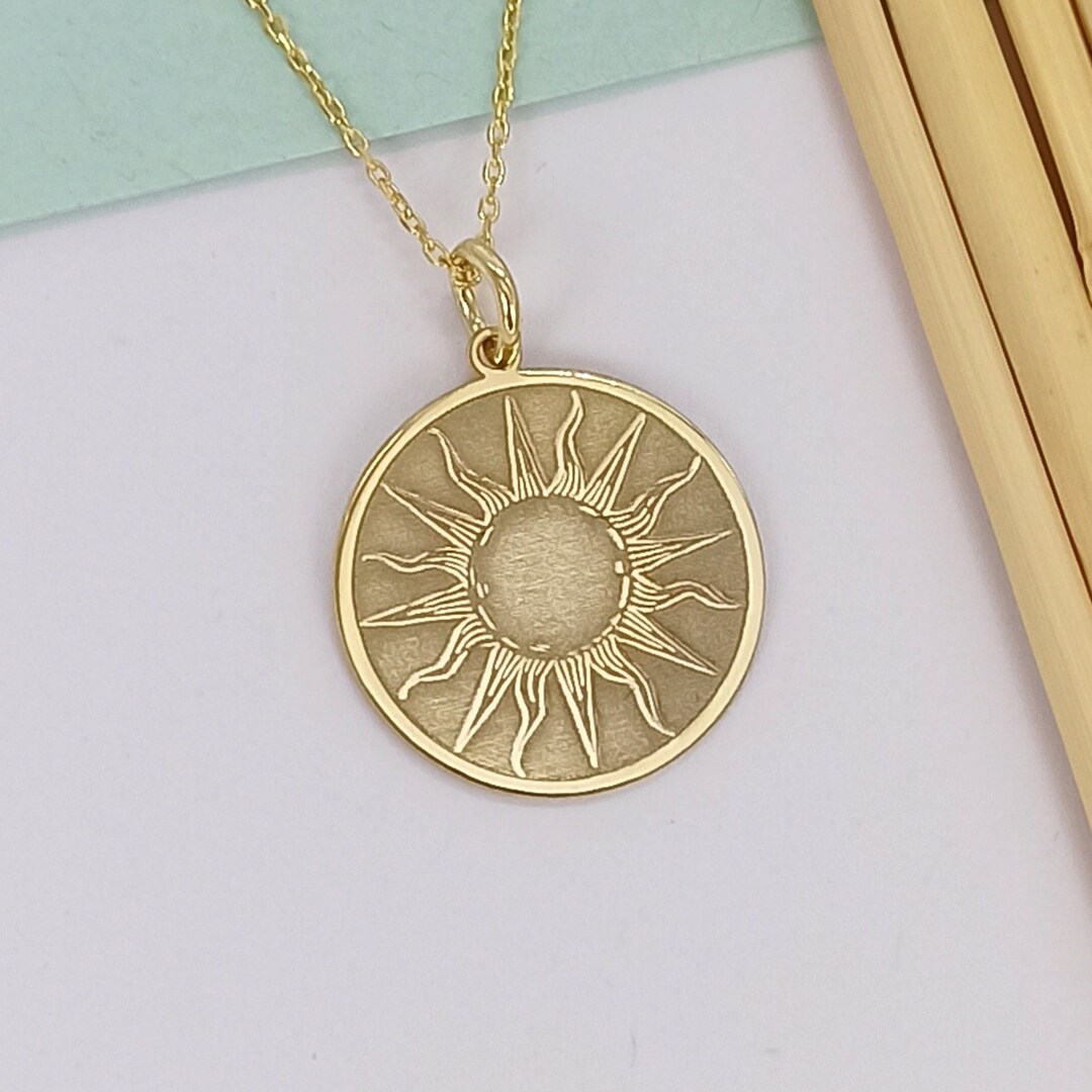 14k Solid Gold Sun Necklace, Engraved Sunshine Pendant, Custom Sunburst ...