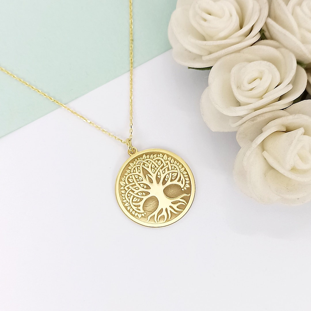 14k Solid Gold Tree of Life Necklace: Engraved Yggdrasil Pendant - Etsy
