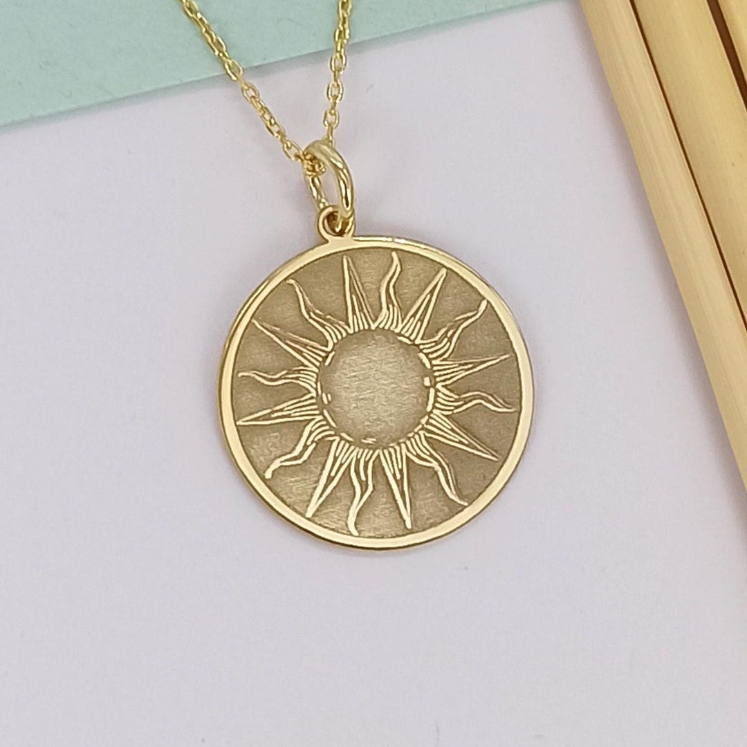 14k Solid Gold Sun Necklace: Engraved Sunburst Pendant, Custom ...
