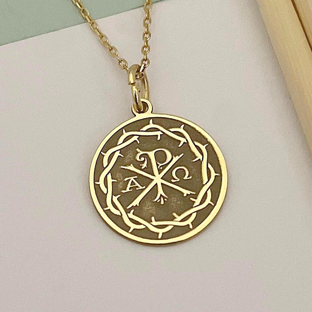 14k Solid Gold Chi Rho Alpha Omega Necklace, Customized Chi Rho Cross ...