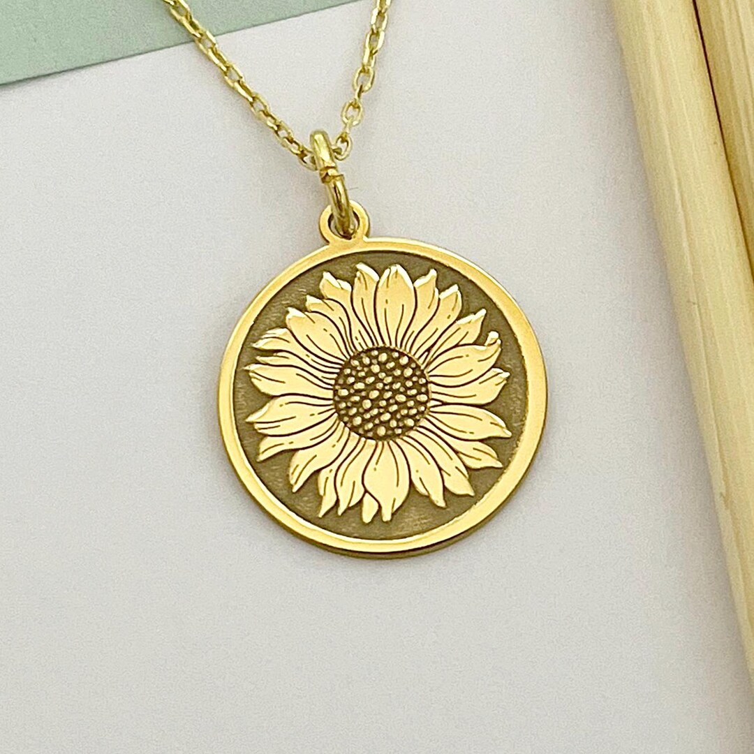 14k Solid Gold Sunflower Necklace, Personalized Sunflower Pendant ...