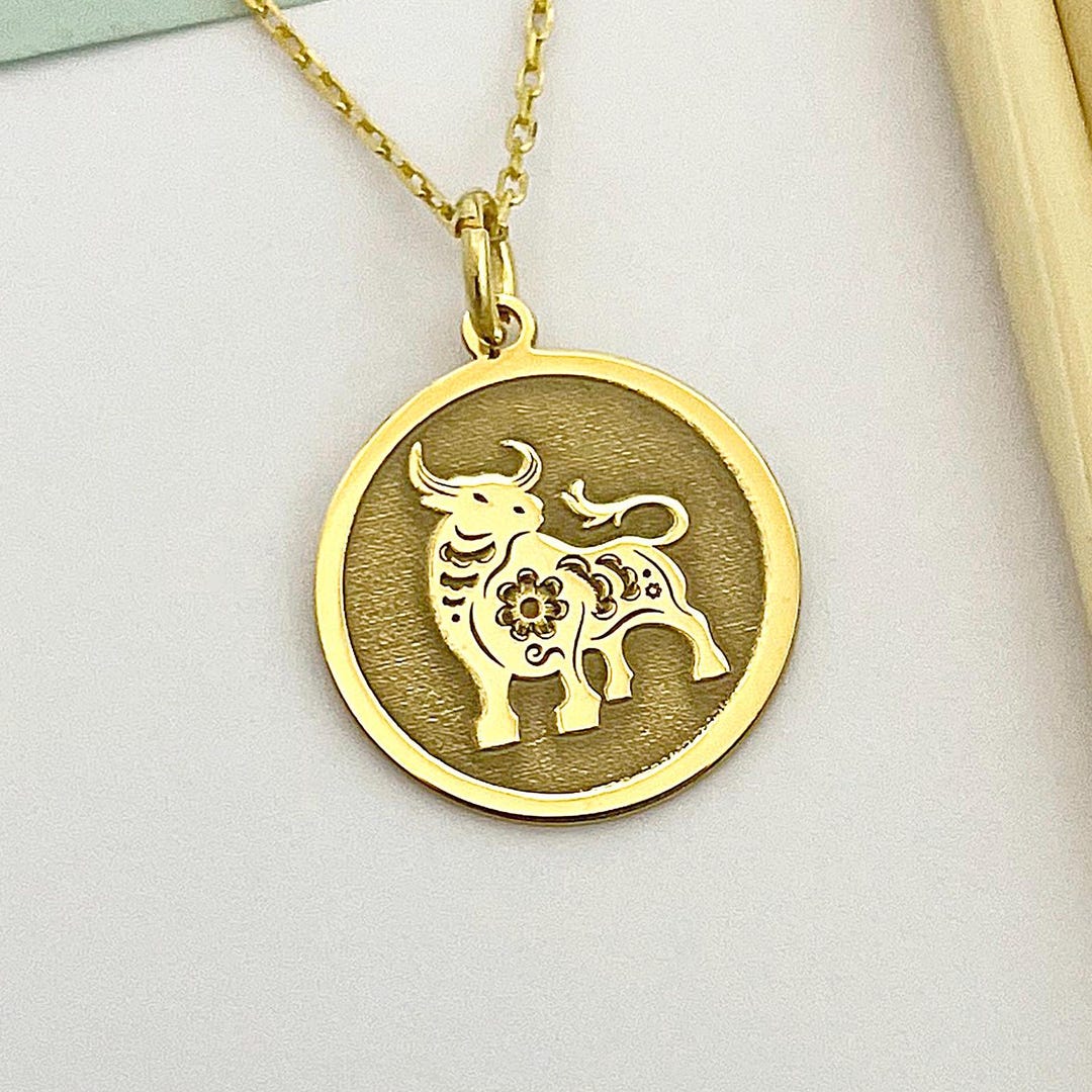 14k Solid Gold Chinese Ox Zodiac Necklace, Second Month of the Chinese ...