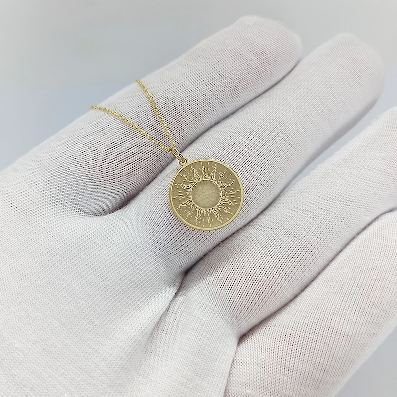 14k Solid Gold Sun Necklace: Engraved Sunburst Pendant, Personalized ...
