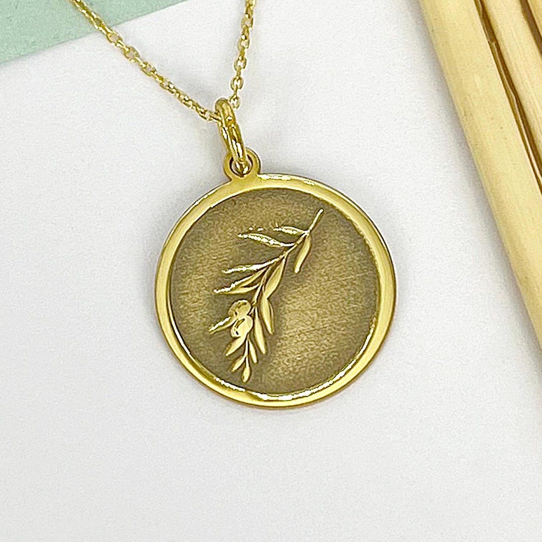 14k Solid Gold Olive Branch Necklace, Personalized Olive Tree Branch ...