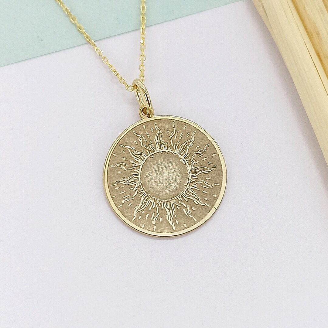 14k Solid Gold Sun Necklace, Engraved Sunshine Pendant, Custom Sunburst ...