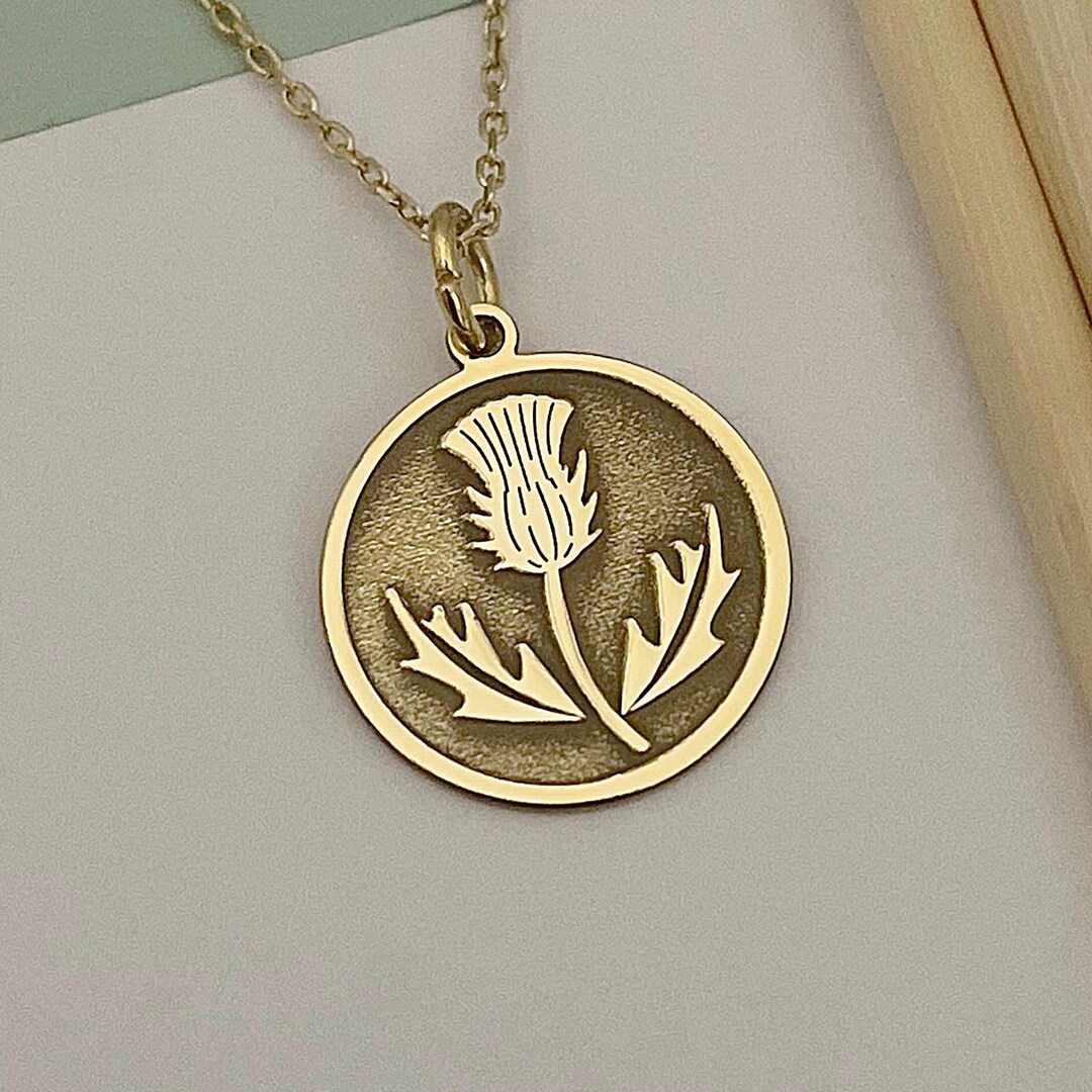 14k Solid Gold Thistle Necklace, Personalized Thistle Pendant, Scottish ...