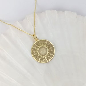 14k Solid Gold Sun Necklace: Engraved Sunburst Pendant, Personalized ...