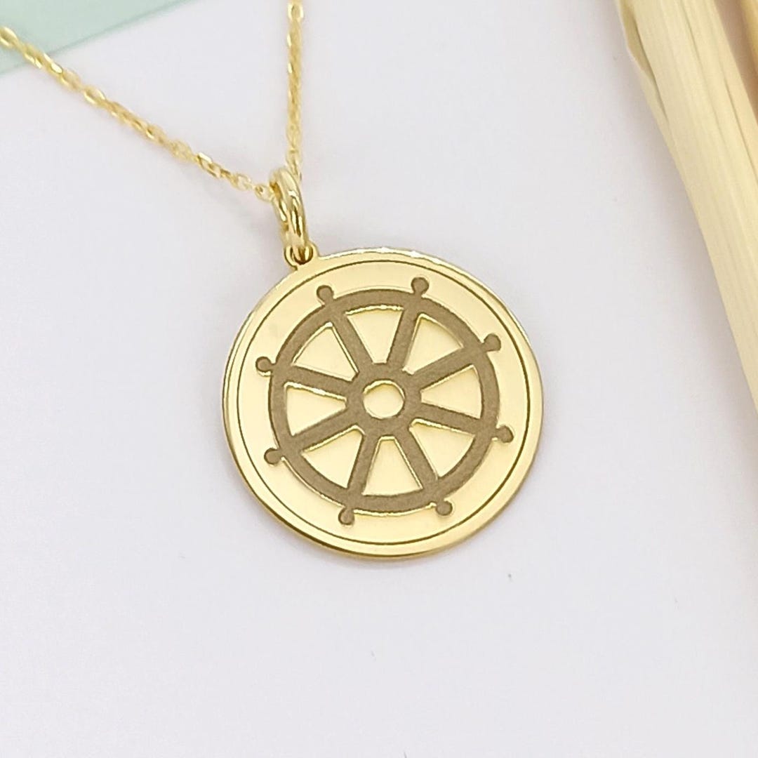 14K Solid Gold Dharma Wheel Necklace, Personalized Dharmachakra Pendant ...