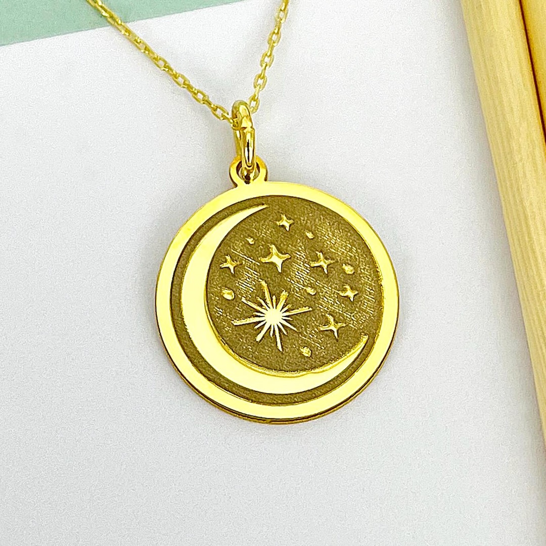 14k Solid Gold Moon and Star Necklace, Personalized Moon and Star ...