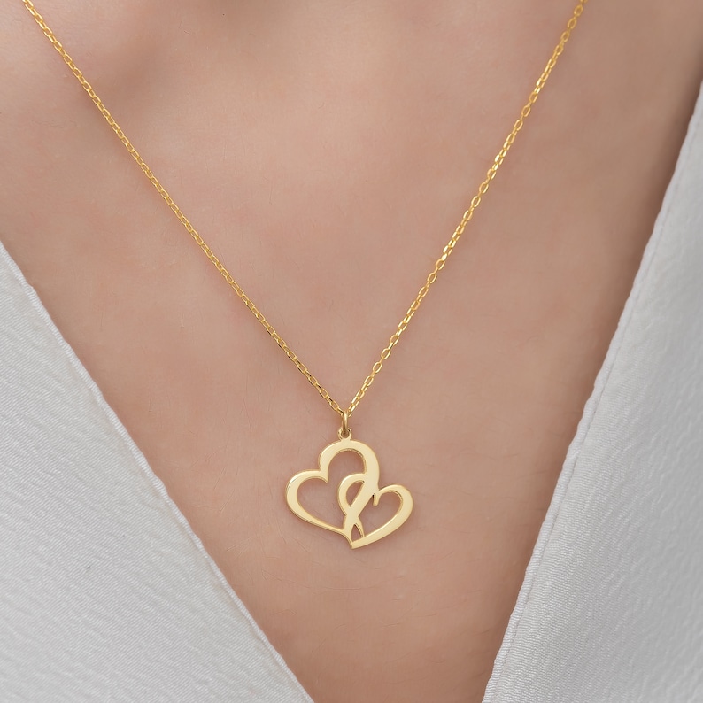 14K Gold Double Heart Necklace 925 Silver Double Heart - Etsy