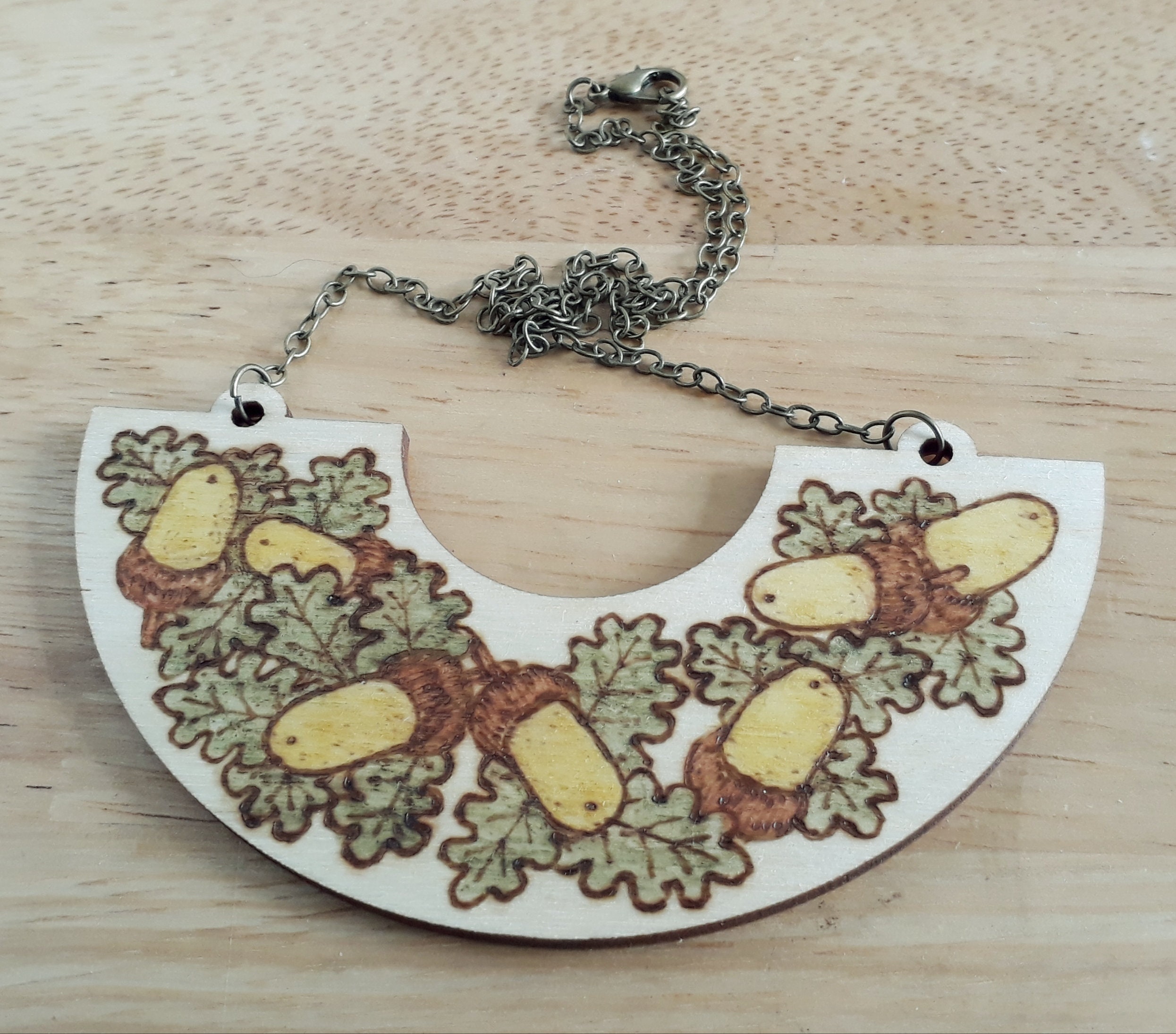 Pyrography Oak Leaf and Acorn Wooden Pendant - Etsy