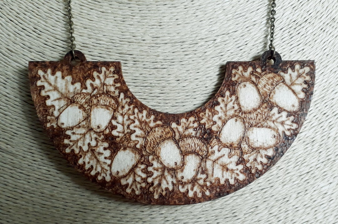 Pyrography Oak Leaf and Acorn Wooden Pendant - Etsy UK