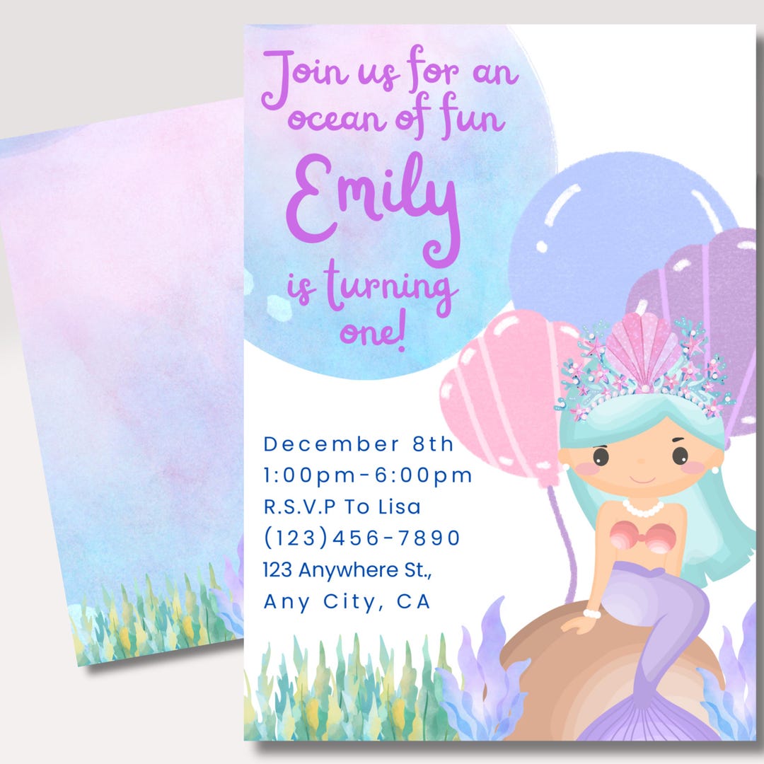 Mermaid Birthday Invitation: 5x7 Canva Template (digital Download) - Etsy