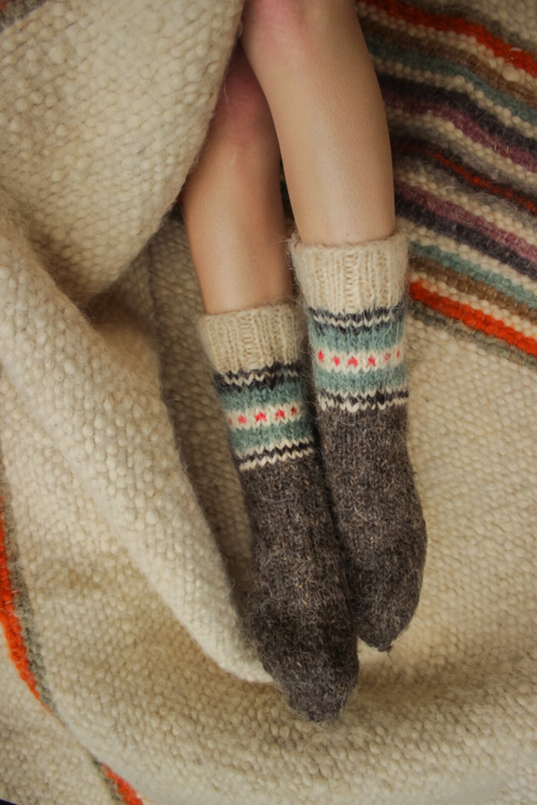 Hand Knitted Unisex Socks, Swollen Gray Wool Socks With Patterns Women ...