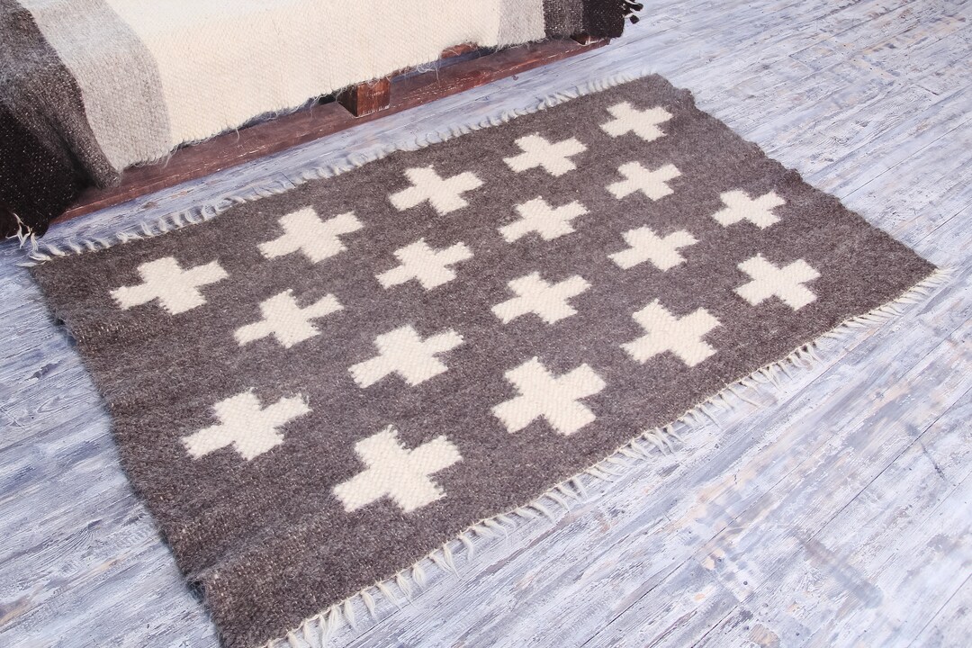 Swiss Wool Rug Handwoven Large Gray Woven Carpet, Mid-century Modern ...