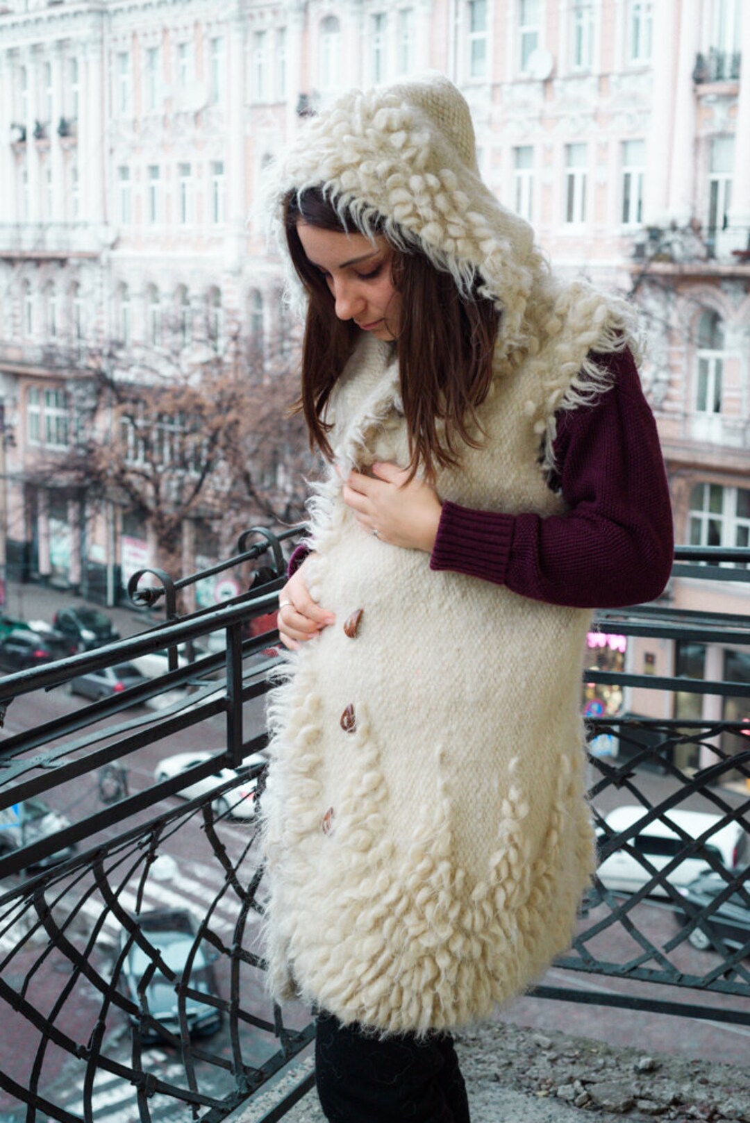 Ethnic White Wool Coat Eco-friendly Winter Hooded Coat Buttoned Woven ...