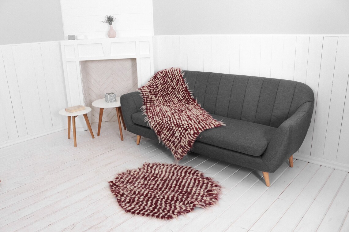 Round 100% Wool Rug Handwoven Large Woven Carpet Mid-century - Etsy