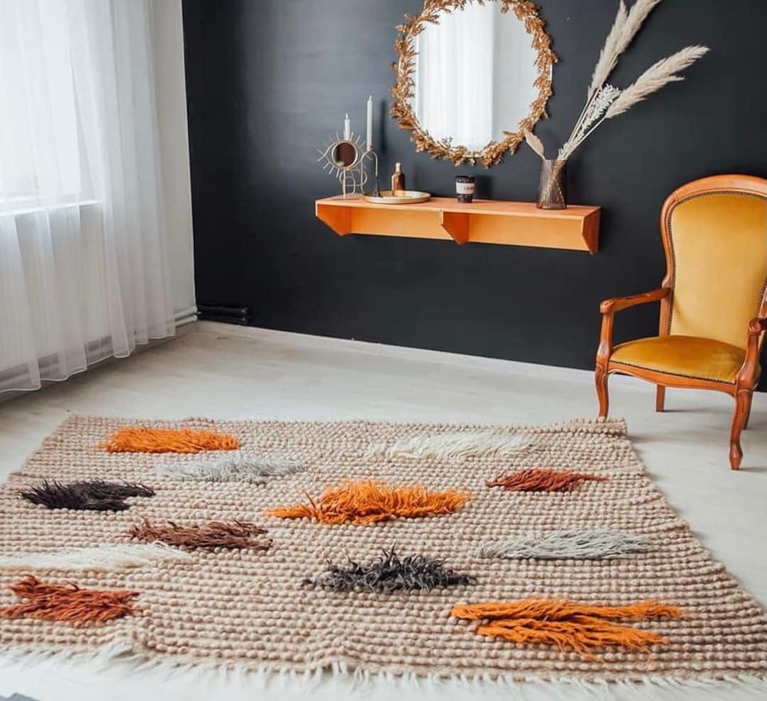 Large Thick Scandinavian Wool Rug Handwoven Woven Carpet, Mid-century ...