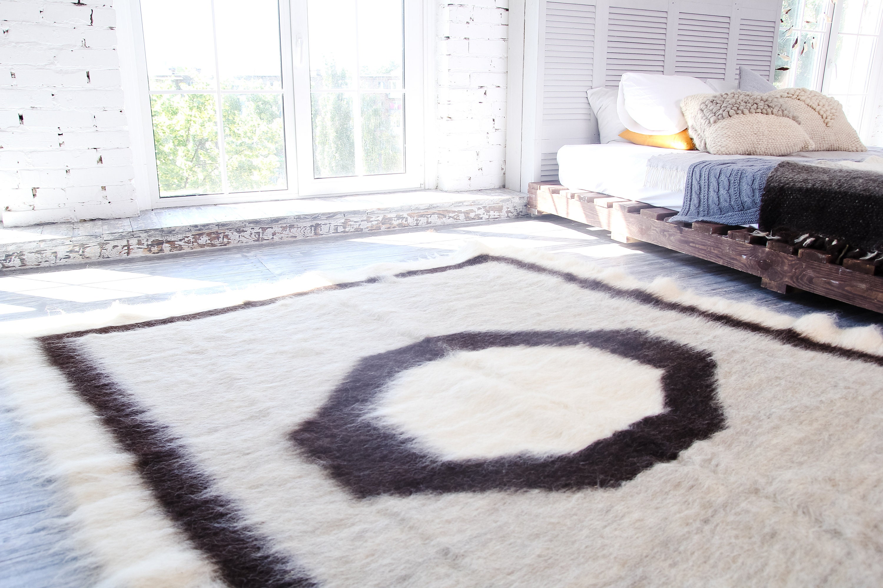 Black White Wool Rug Geometric Woven Area Rug Carpet Grey | Etsy