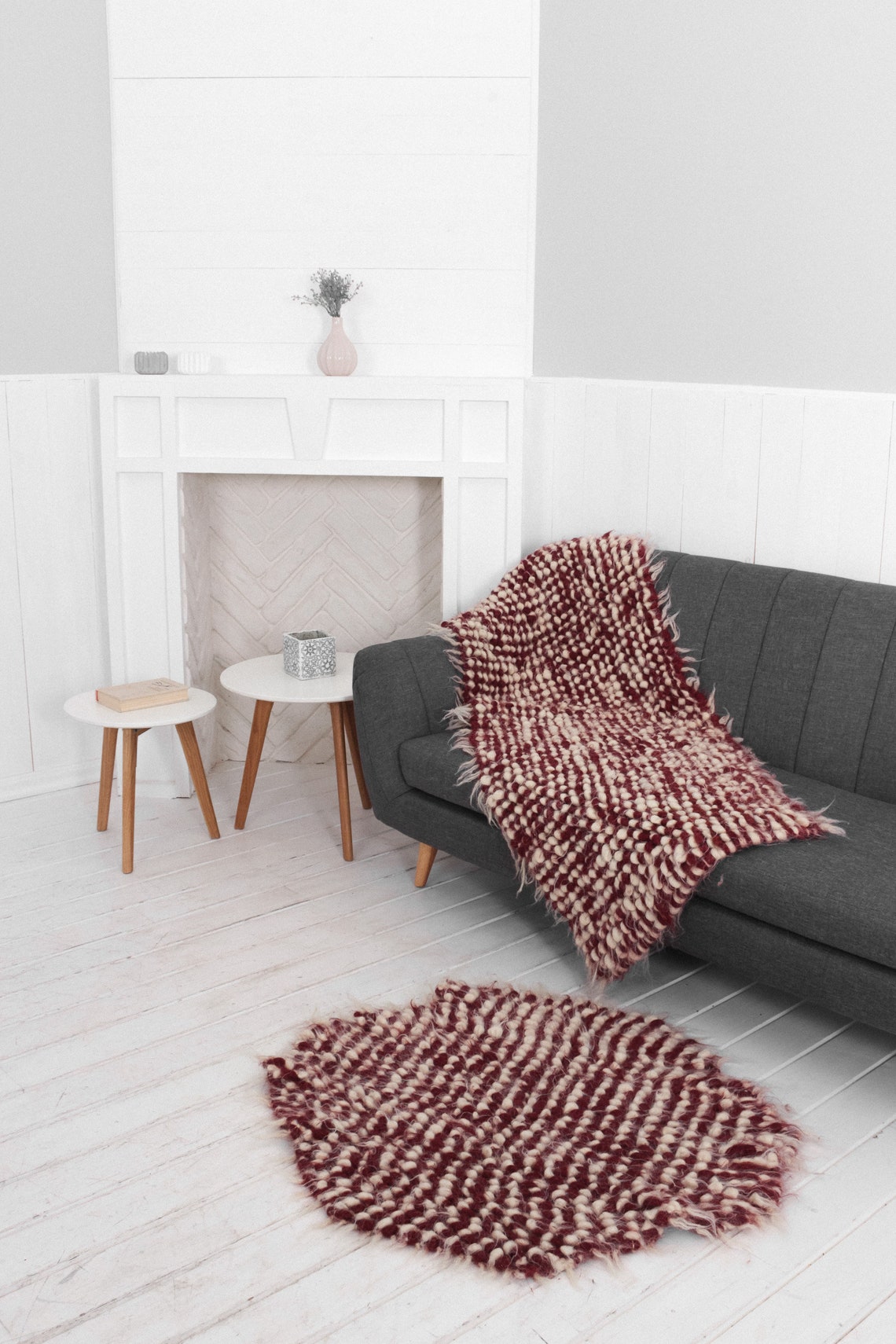 Round 100% Wool Rug Handwoven Large Woven Carpet Mid-century - Etsy