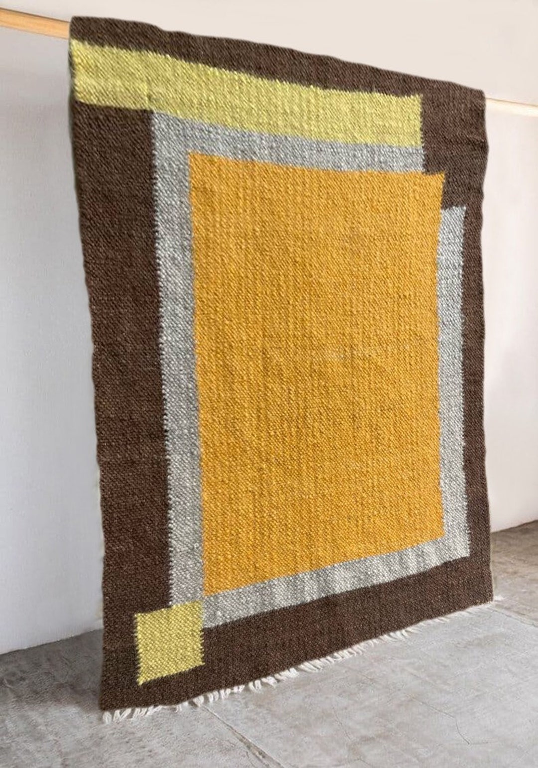 Geometric Yellow Wool Blanket Throw Blanket Queen Size Natural 100% ...