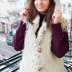 Ethnic White Wool Coat Eco-friendly Winter Hooded Coat Buttoned Woven ...