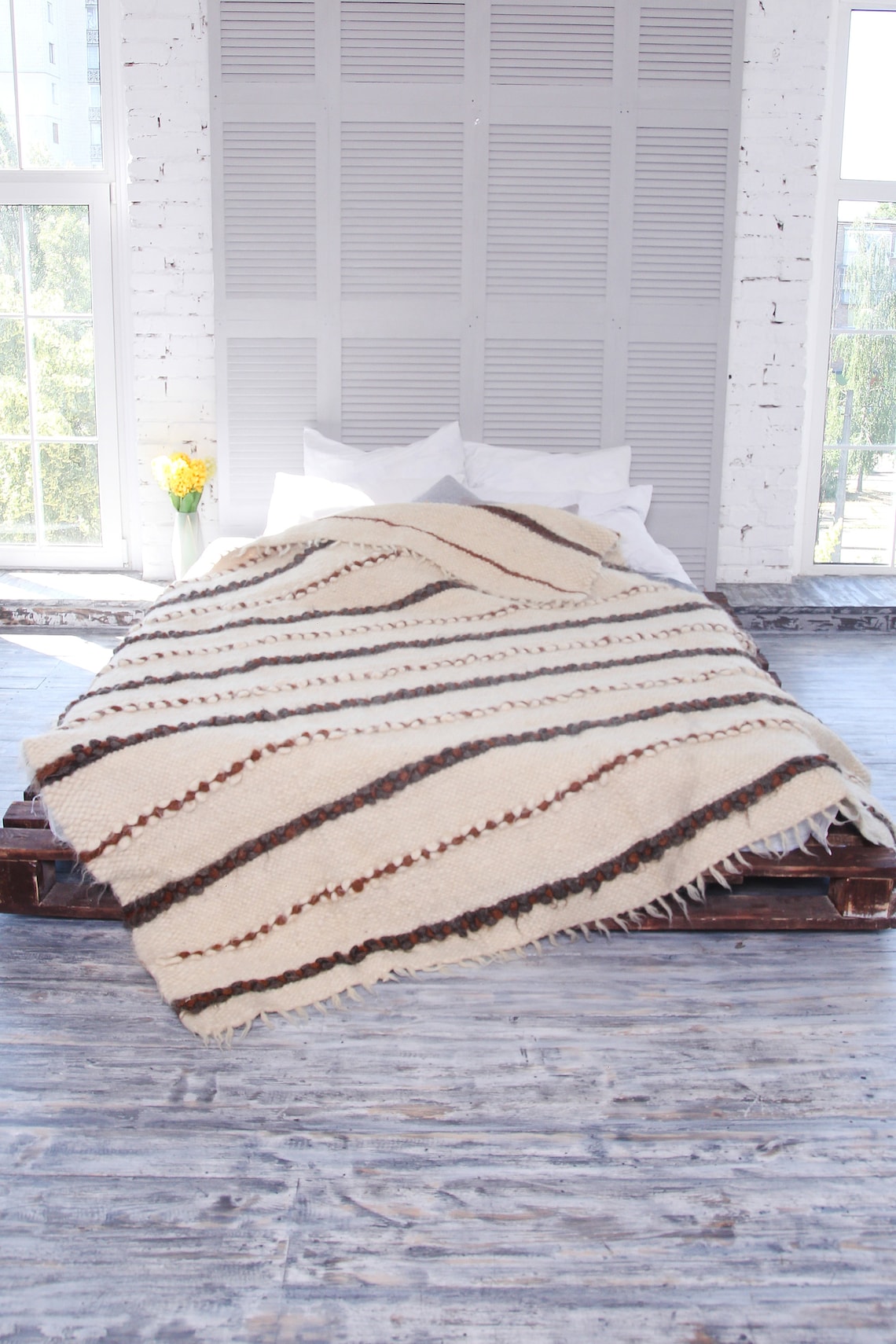 White Wool Blanket Heavy Striped Throw Queen Size Warm Bed | Etsy