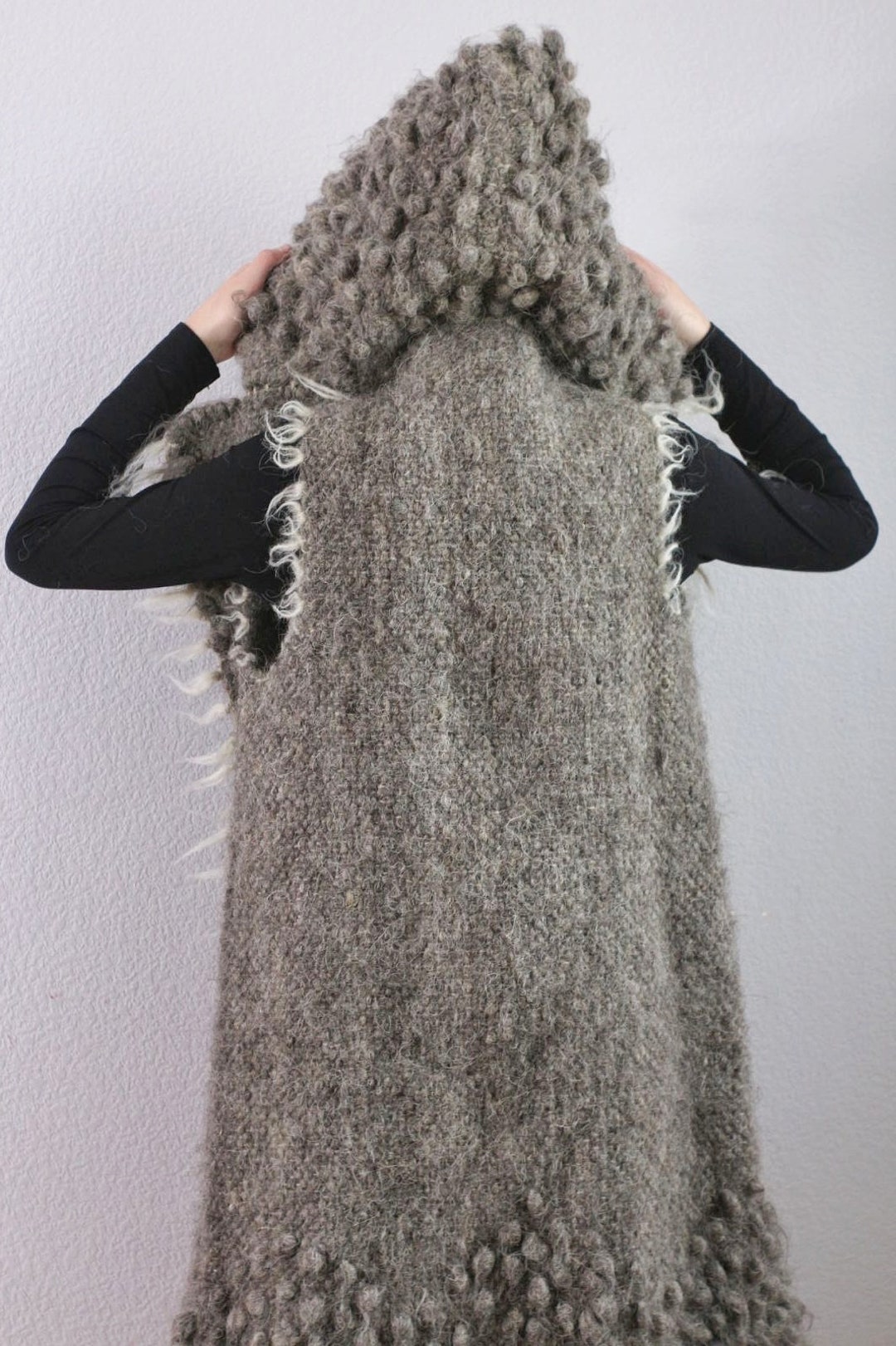 Ethnic Gray Wool Coat Eco Friendly Winter Hooded Coat Buttoned Woven ...