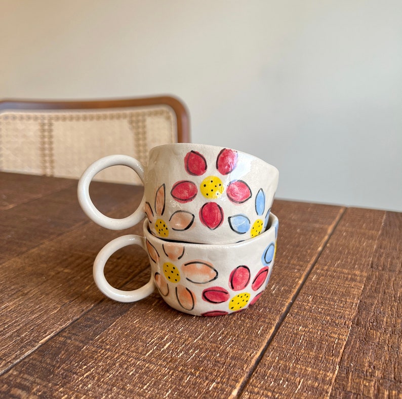 Set of 2, Handbuilt Stoneware Flowers Cups With Handle, Hand Painted ...