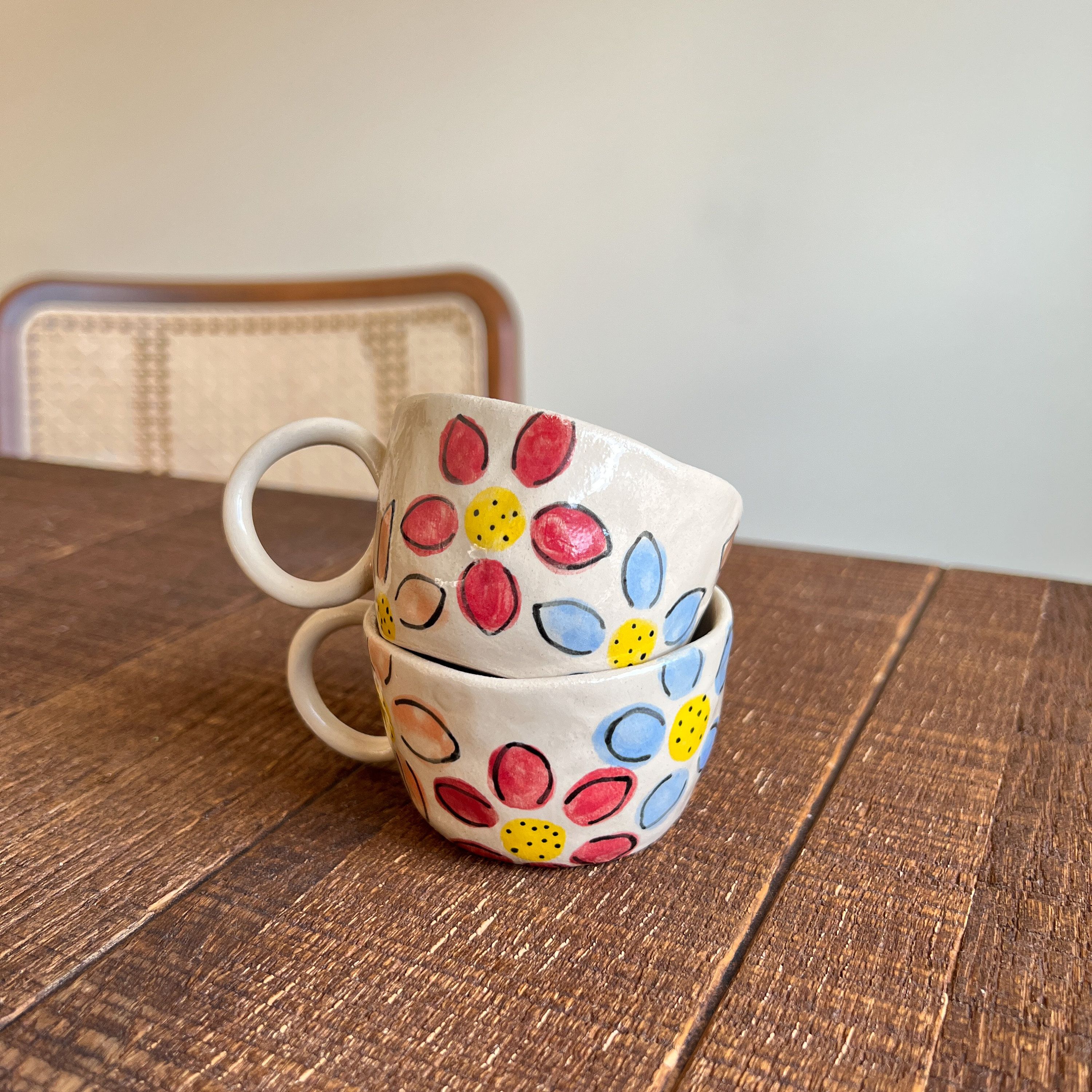 Set of 2, Handbuilt Stoneware Flowers Cups With Handle, Hand Painted ...