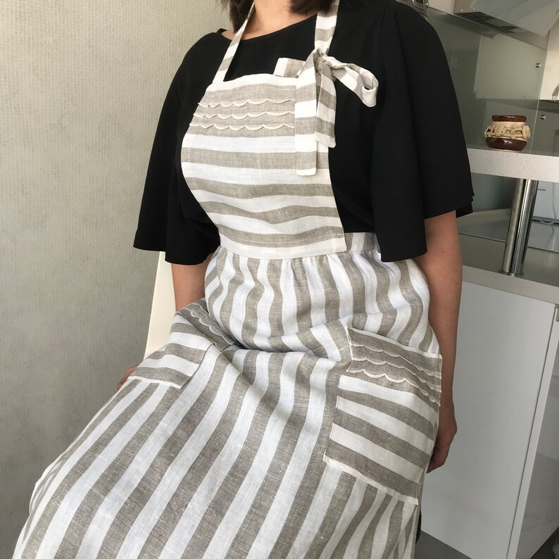 Retro Apron Gray Striped Linen/ Long Apron/ Full Apron With Pockets ...