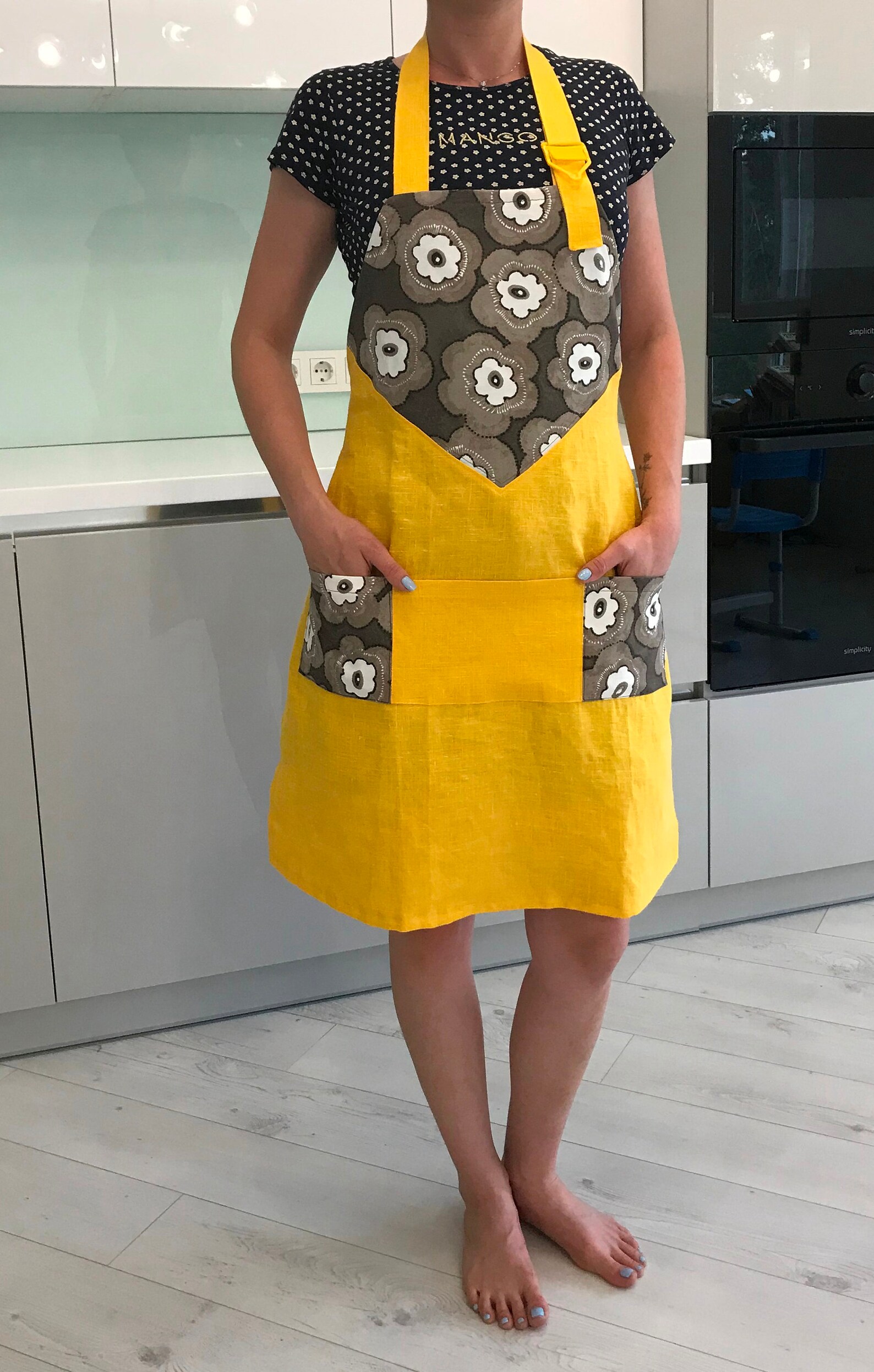 Bright linen apron / Yellow apron with brown trim | Etsy