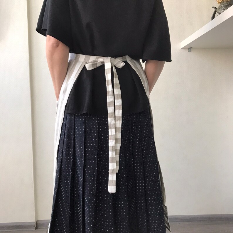Retro Apron Gray Striped Linen/ Long Apron/ Full Apron With Pockets ...