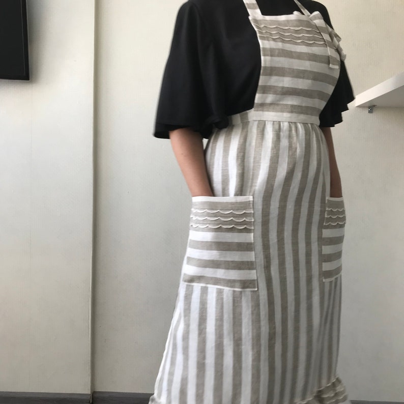 Retro Apron Gray Striped Linen/ Long Apron/ Full Apron With Pockets ...