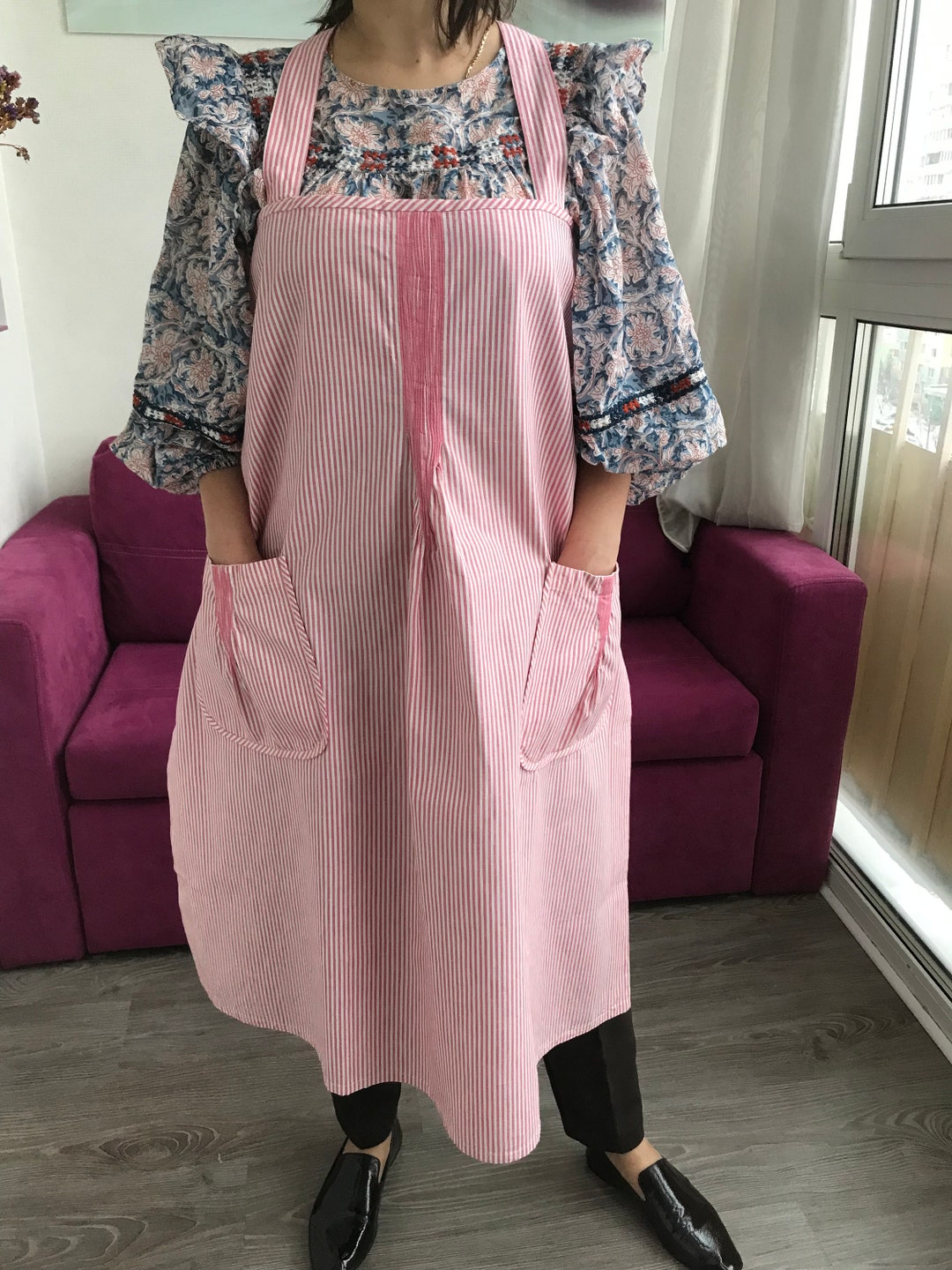 Retro Cotton Apron / Pink Striped Long Apron / Womens Gardeners Apron ...