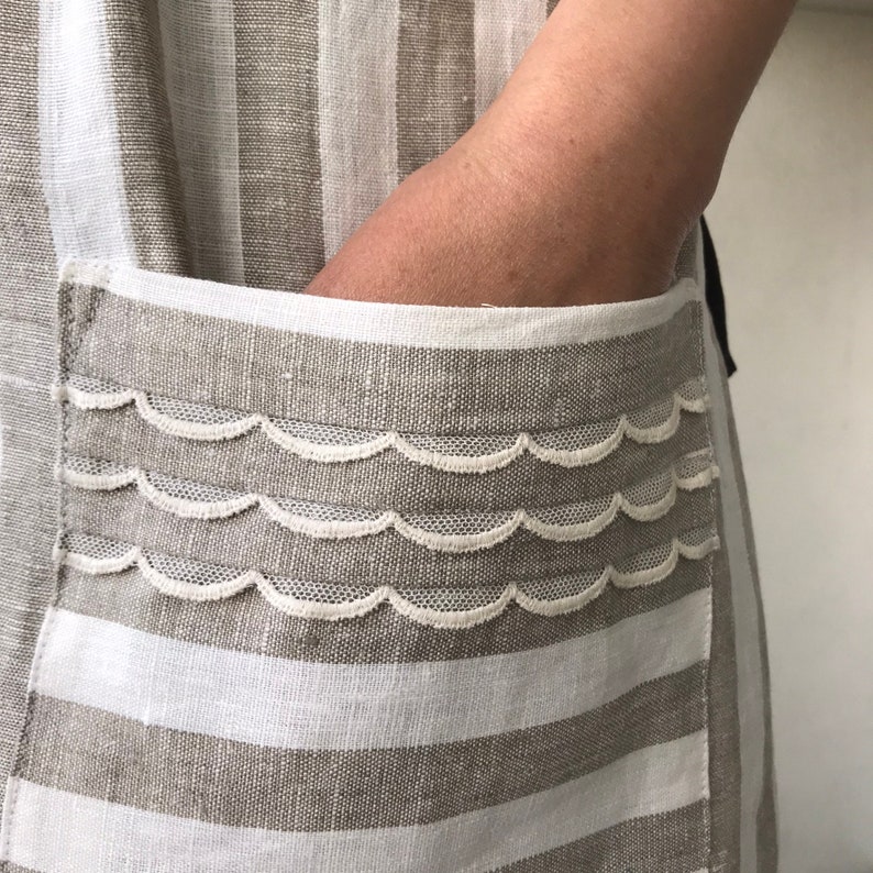 Retro Apron Gray Striped Linen/ Long Apron/ Full Apron With Pockets ...